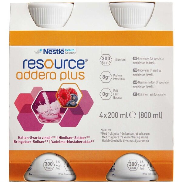 Resource Addera Plus Hindbær 4x200 ml | Køb på DinApoteker.dk